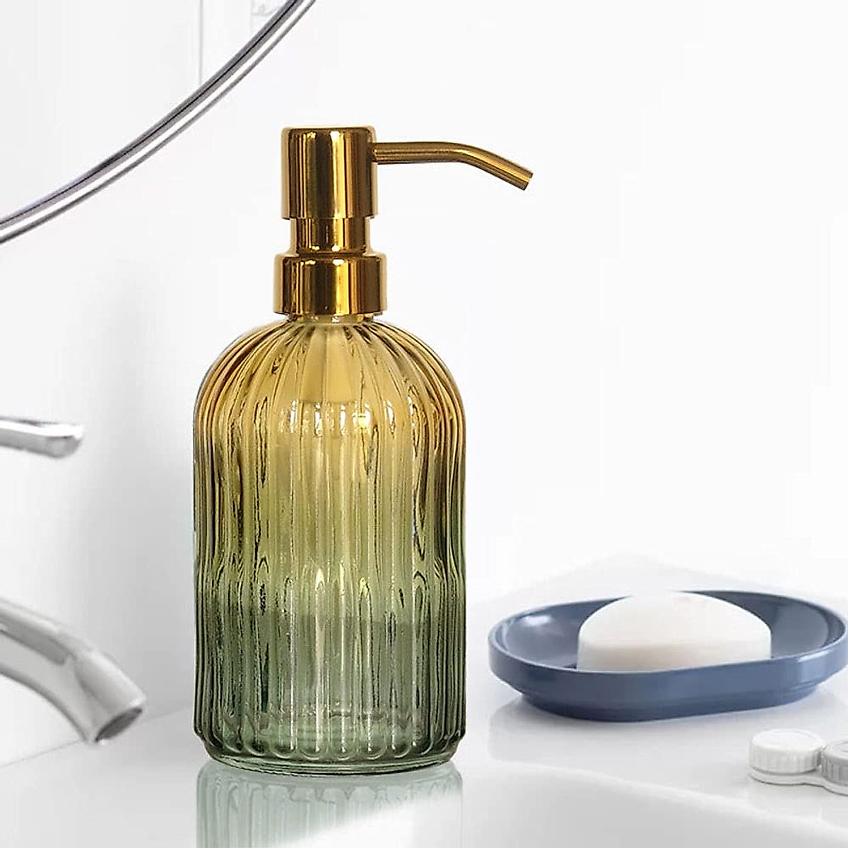 Soap Pump Dispenser Hand Soap Dispenser Clear Glass Soap Dispenser Stainless Steel Gold Pump Refillable Liquid Soap Dispensers for Bathroom Kitchen Hotel Lotions Bottles Dispenser