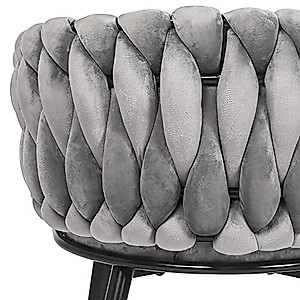 Adeco Velvet Dining Set of 2, Modern Accent Arm Living Room Black Metal Legs, Upholstered Leisure Chair with Hand Woven Backrest for Kitchen Side Table, Grey