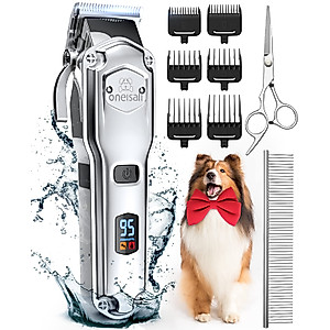 oneisall Dog Clippers for Grooming for Thick Heavy Coats/Low Noise Dog Grooming Kit/Rechargeable Cordless Pet Shaver with Stainless Steel Blade/Waterproof Dog Shaver for Dogs Pets and Animals Sliver