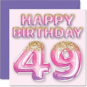 49th Birthday Card for Women - Pink & Purple Glitter Balloons - Happy Birthday Cards for 49 Year Old Woman Mom Cousin Friend Sister Aunt, 5.7 x 5.7 Inch Forty-Nine Forty-Ninth Greeting Cards Gift