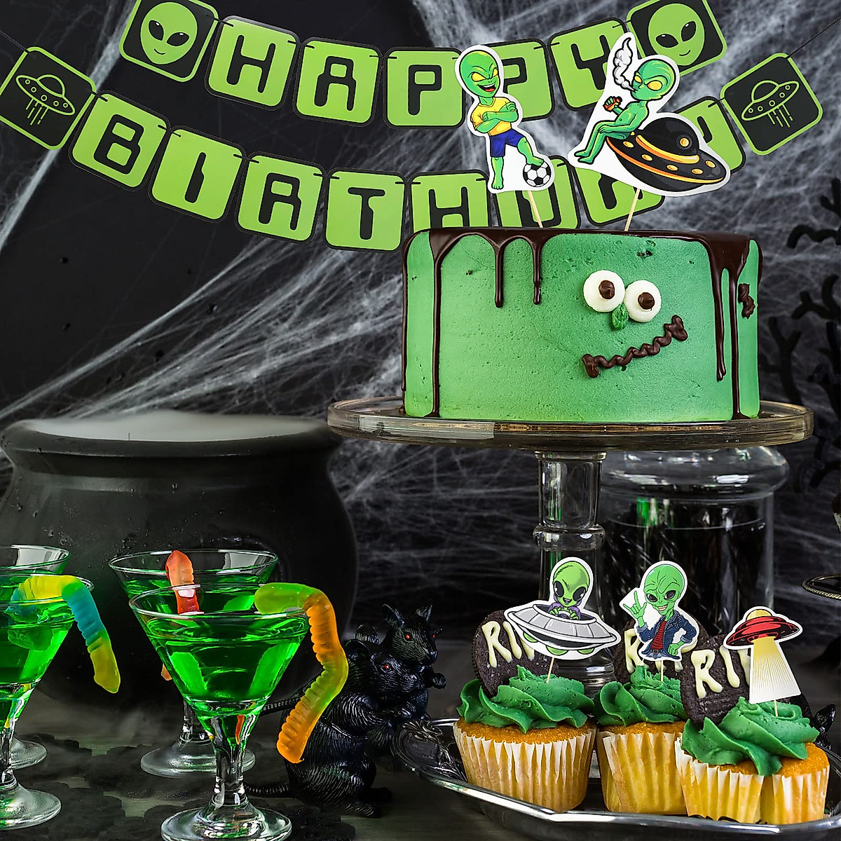 Whaline 53Pcs Alien Birthday Party Decorations Set Alien Balloons Assorted Alien Cupcake Toppers Alien Birthday Banner Outer Space Saucer Balloons UFO Hanging Swirls for Alien Birthday Party Decor