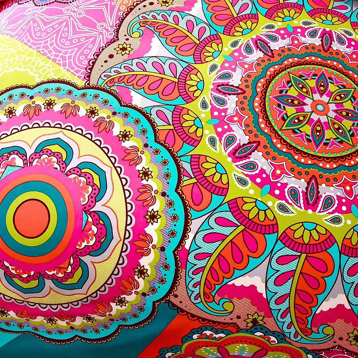 Pangzi Bohemian Duvet Cover Set Lightweight Microfiber Bedding Set Boho Floral Print Comforter Cover with Zipper Closure (Queen)