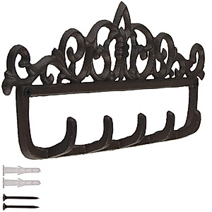 GASARÉ, Key Holder for Wall Mount, Cast Iron Key Hook, Key Rack, Victorian Design, Screws and Anchors, Large Size of 12½ x 5¼ Inches, Brown, 1 Unit