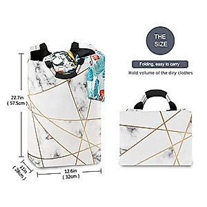 ALAZA Large Laundry Basket White Marble with Gold Geometric Lines Laundry Bag Hamper Collapsible Oxford Cloth Stylish Home Storage Bin with Handles, 22.7 Inch