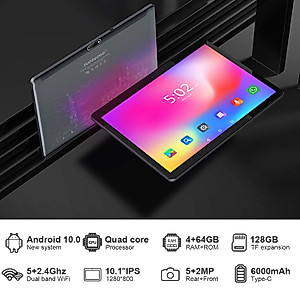 DUODUOGO Android Tablet 10 inch Newest Quad-Core Processor, 64GB+4GB 128GB Expandable, 5G/2.4G Dual WiFi, Android 10 Tablet Dual Camera 6000mAh Bluetooth FM, Gray