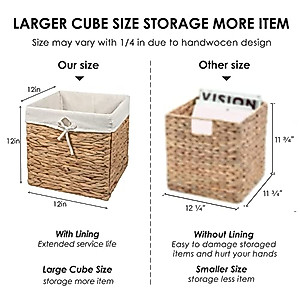 Wicker Storage Basket - 6 pcs Large Cube Water Hyacinth Hand Woven Baskets for Storage Organizing, Foldable Wicker Laundry Baskets Bins with Linings, Nature Decorative Book Shelf Pantry Gift Baskets