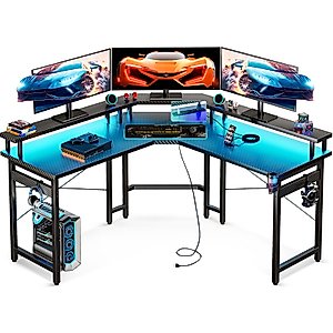 ODK L Shaped Gaming Desk with LED Lights & Power Outlets, 50.8" Computer Desk with Full Monitor Stand, Corner Desk with Cup Holder, Gaming Table with Hooks, Black Carbon Fiber