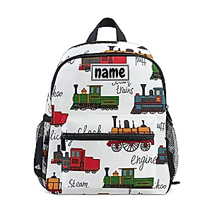 Glaphy Custom Kid's Name Backpack, Vintage Trains Cartoon Toddler Backpack for Daycare Travel Personalized Name Preschool Bookbag for Boys Girls