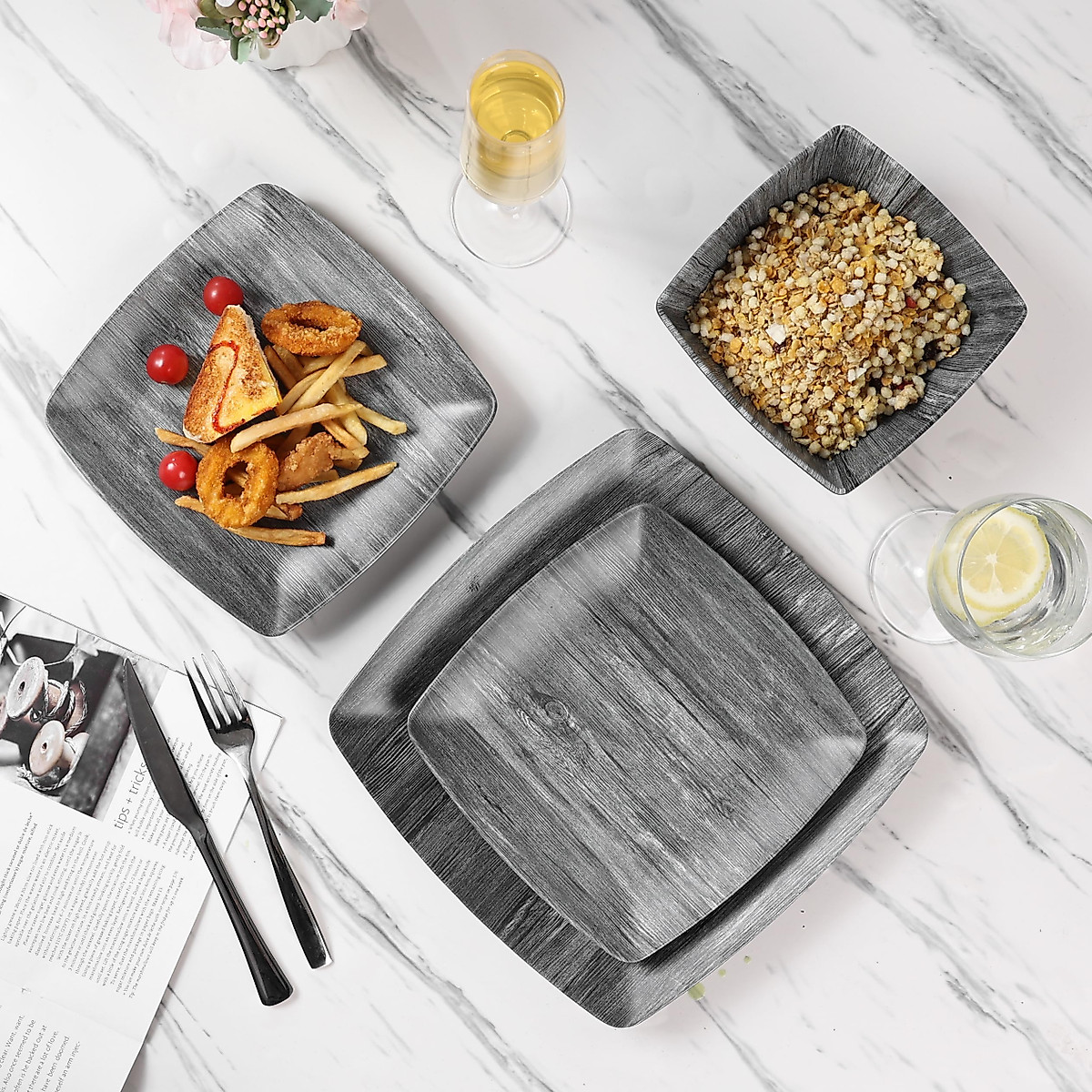 Melamine 12pcs Classic Square Dinnerware Set, Concise Plates and Bowls Set, Service for 4, Dishwasher Safe, Natural Wood Grain Design,black wood