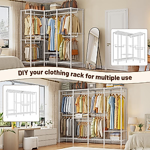 Raybee 76.9" H Clothes Rack Heavy Duty Loads 1100 LBS Metal Clothing Racks for Hanging Clothes Adjustable Wadorbe Closet White,75.8" W*17.7" D*76.9" H