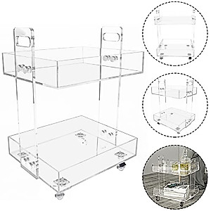 LOHISHILO 2-Tier Heavy Duty Acrylic Rolling Cart Multifunctional Storage End Table with 4 Wheels for Living Room Kitchen, Home, Bar, Party Mobile Cart