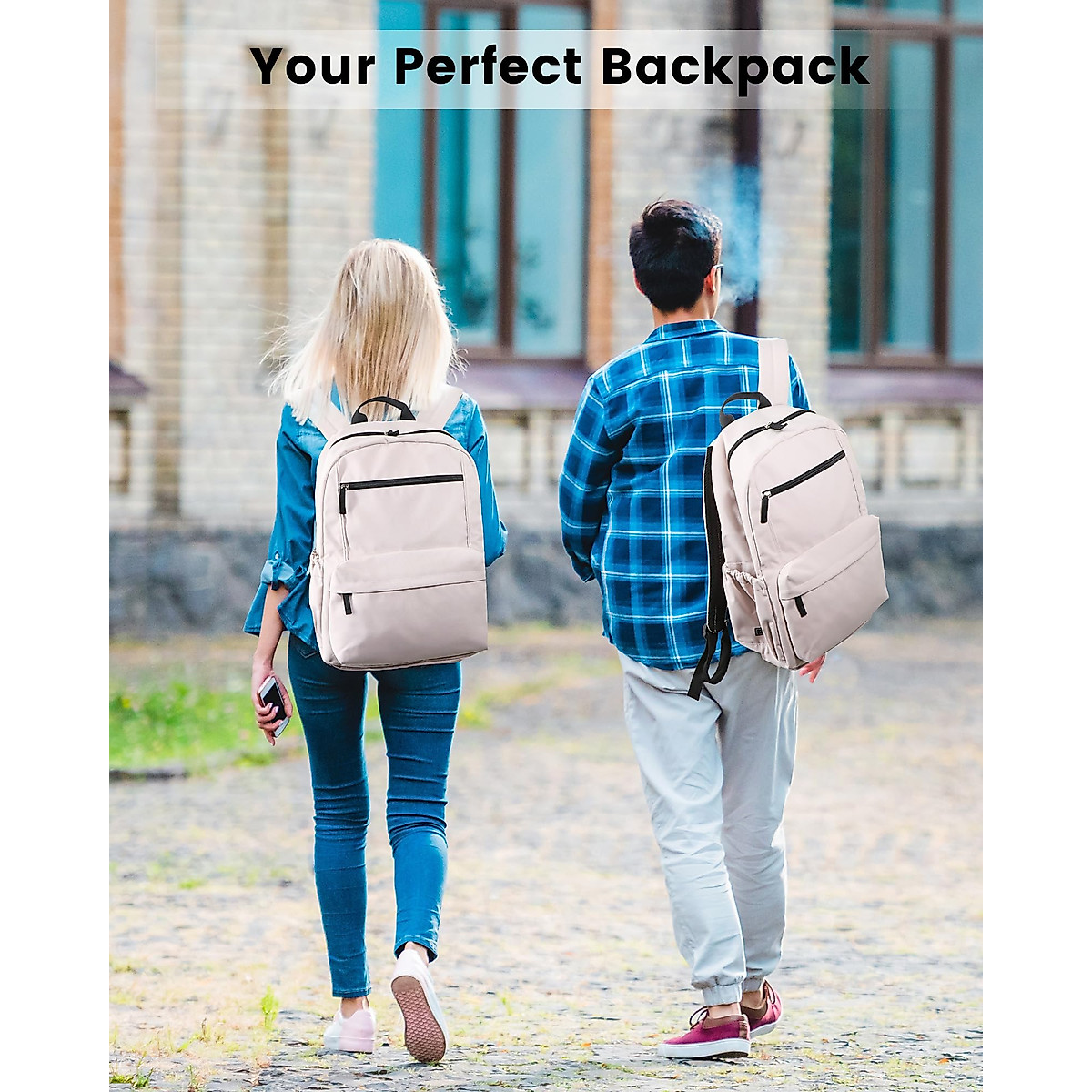 Vorspack Backpack for Men and Women - Lightweight Backpack Classical Basic Bookbag with Multi-pockets Casual Daypack for College Workplace Travel - Beige