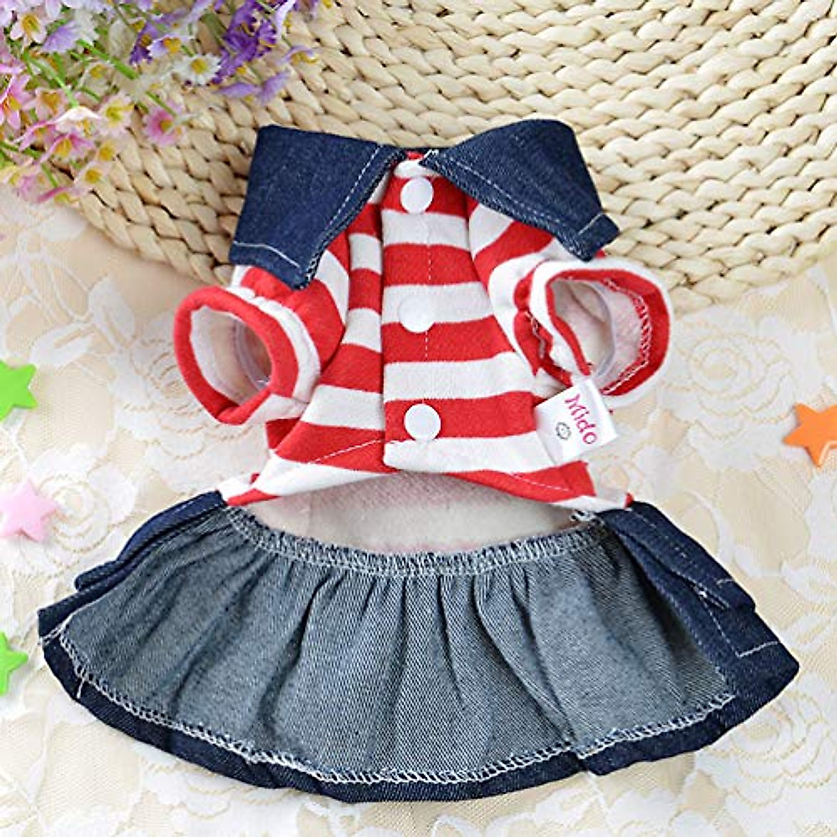 POPETPOP Denim Dog Dress - Cute Red Stripe Plush Bear Cowboy Pet Skirt, Pet Clothes for Small Medium Large Dogs Puppy, Pet Costumes