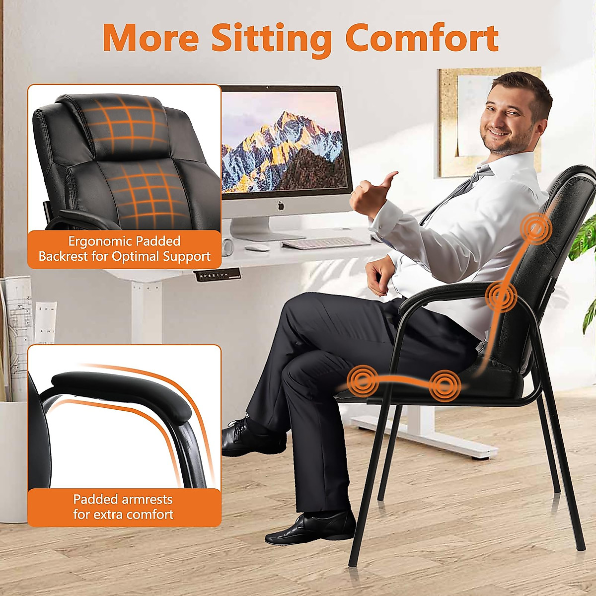 CLATINA Big & Tall 500 lb. Guest Chair, Leather Reception Chairs with Padded Arm Rest for Waiting Room Office Home and Meeting Conference-Black