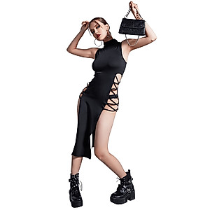 Verdusa Women's Crisscross High Split Mock Neck Sleeveless Midi Bodycon Dress Black L