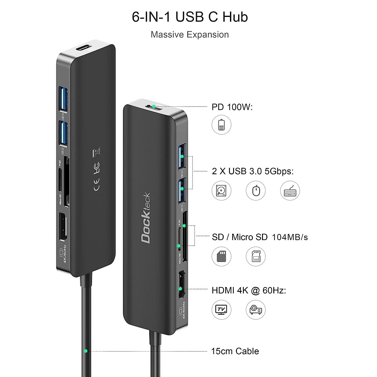 USB C Hub HDMI PD Adapter for MacBook Air/Pro, Surface Pro 7/8, XPS and More, Dockteck 6-in-1 Type C Hub with 4K 60Hz, 100W PD, SD & microSD Card Reader, 2 USB 3.0 Data 5Gbps