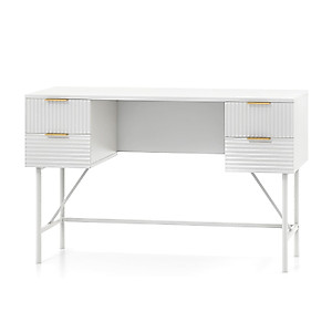 Giantex Modern Desk with 4 Drawers, 48 Inch Computer Desk with Storage, Heavy-Duty Gold Metal Frame, Makeup Vanity Dressing Table, White and Gold Desk for Bedroom Study Home Office