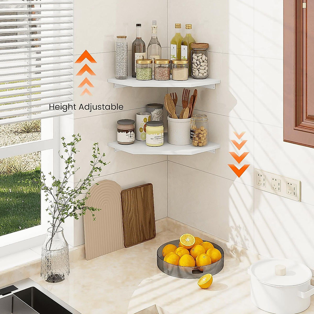 Homode Corner Shelf Wall Mount, Set of 2 Corner Floating Shelves with Cord Hole for Speaker, Cable Box, 2 Tier Wood Hanging Storage Shelf for Bathroom Living Room Bedroom, White