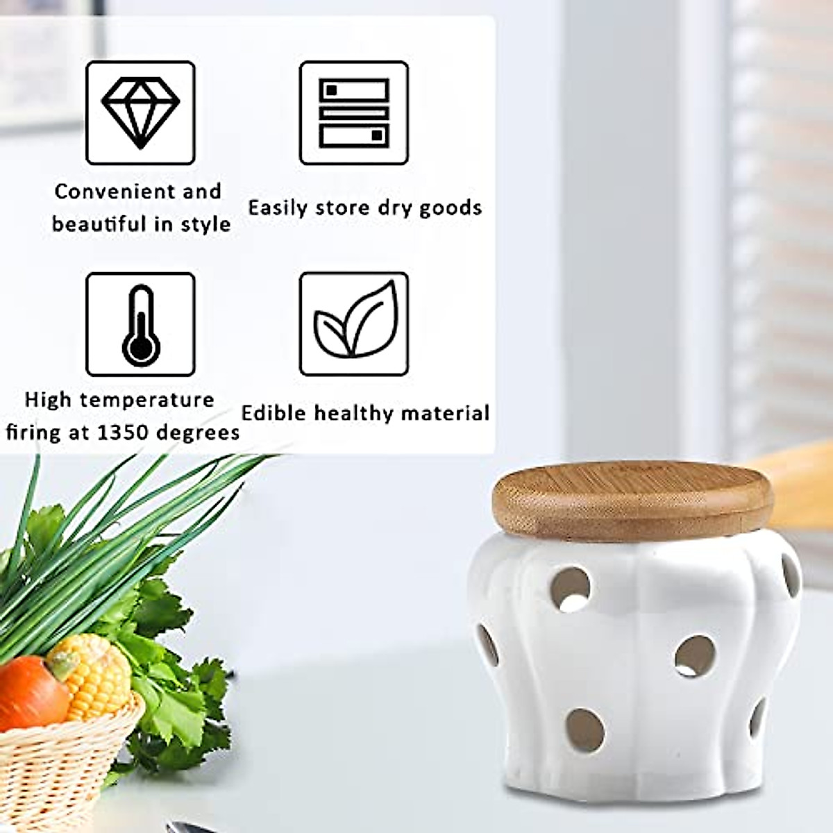 MEKBOK Garlic Keeper,Garlic Keeper for Counter,White Ventilated Garlic Container,Ceramic Garlic Storage Container with Bamboo Lid