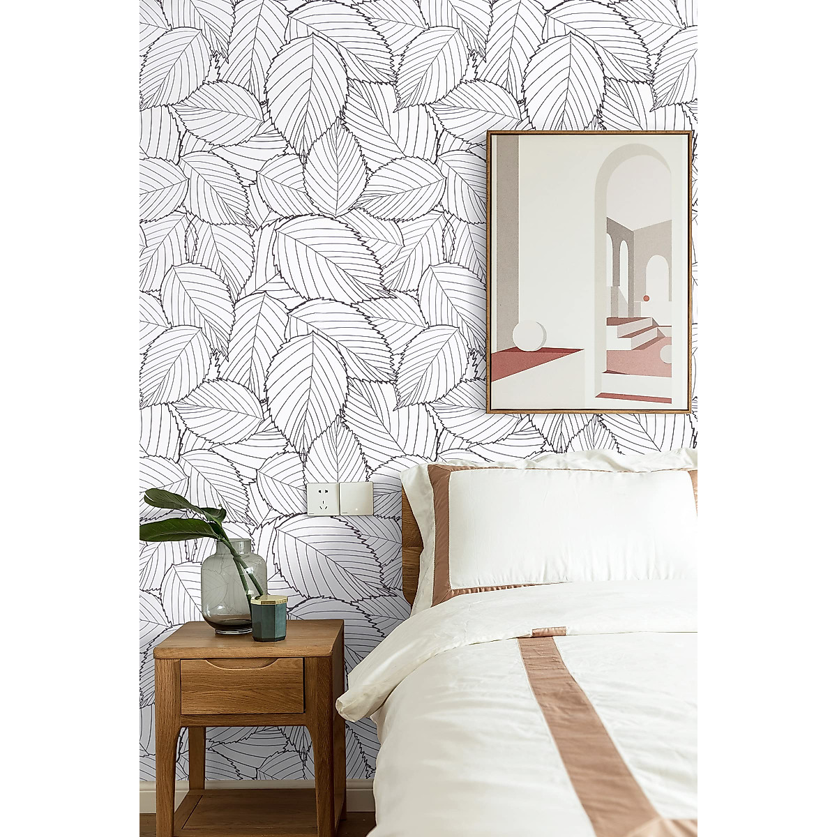 Kitico Gray Leaf Wallpaper 17.7''x197'' Modern Gray Leaf Peel and Stick Wallpaper Removable Self Adhesive Wallpaper White and Gray Leaves Contact Paper forBedroom Home Decoration