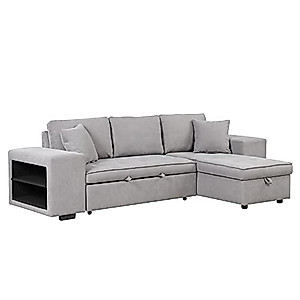 FANYE 2024 Linen Upholstery Pull Out Sleeper Sectional Sofa & Couch W/Stools and Shelves, L-Shaped Corner Upholstered Sofa Couch with 2 Pillows and Reversible Storage Chaise for Living Room
