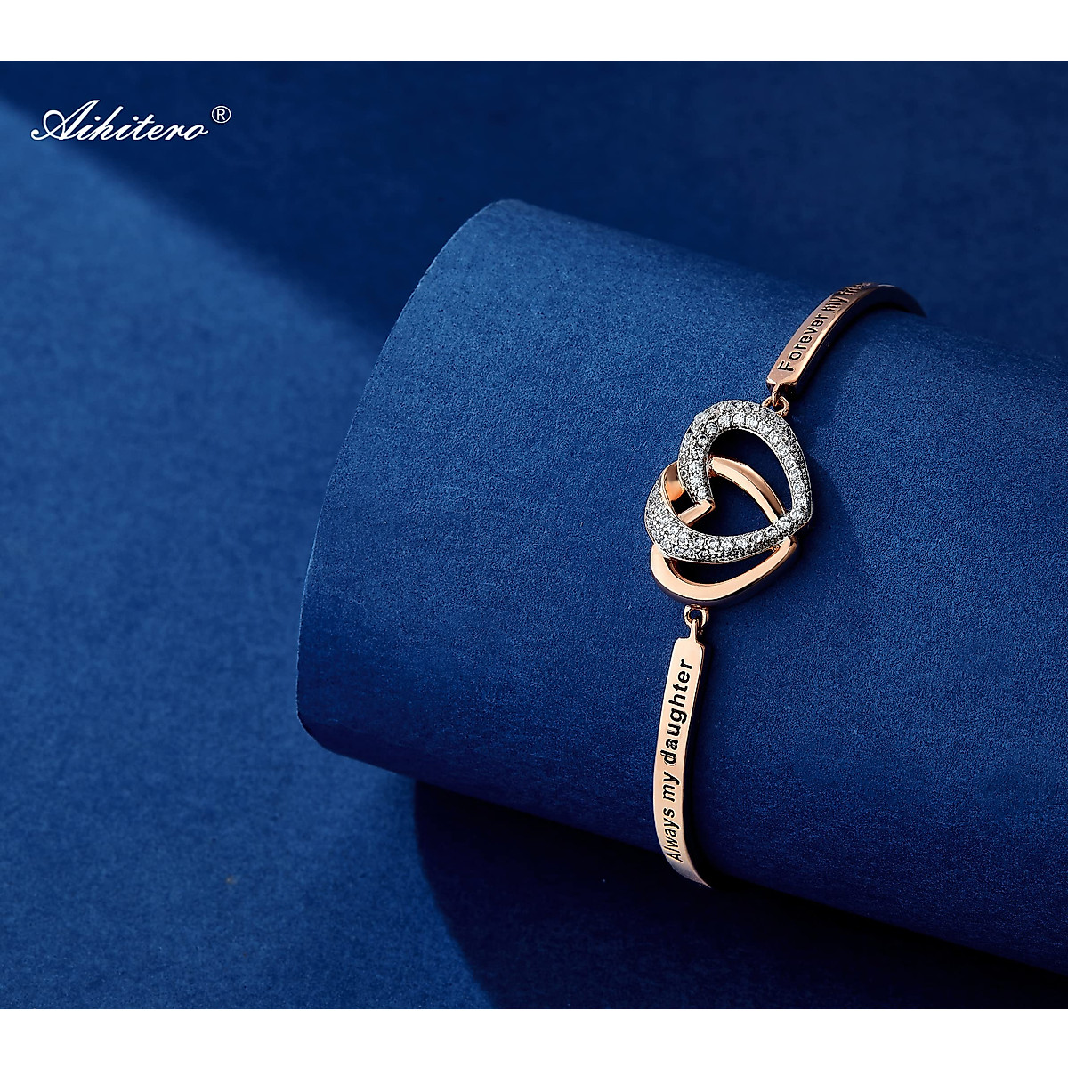 Aihitero Valentines Day Daughter Gift, ‘Always My Daughter Forever My Friend’ Love Heart Bangle Bracelet, Women Rose Gold Jewelry, Christmas Anniversary Birthday Present from Father Dad Mom Mother