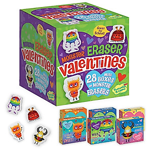 Peaceable Kingdom Valentines Cards for Kids Classroom, Set of 28 Valentines Day Gifts - Monster Erasers