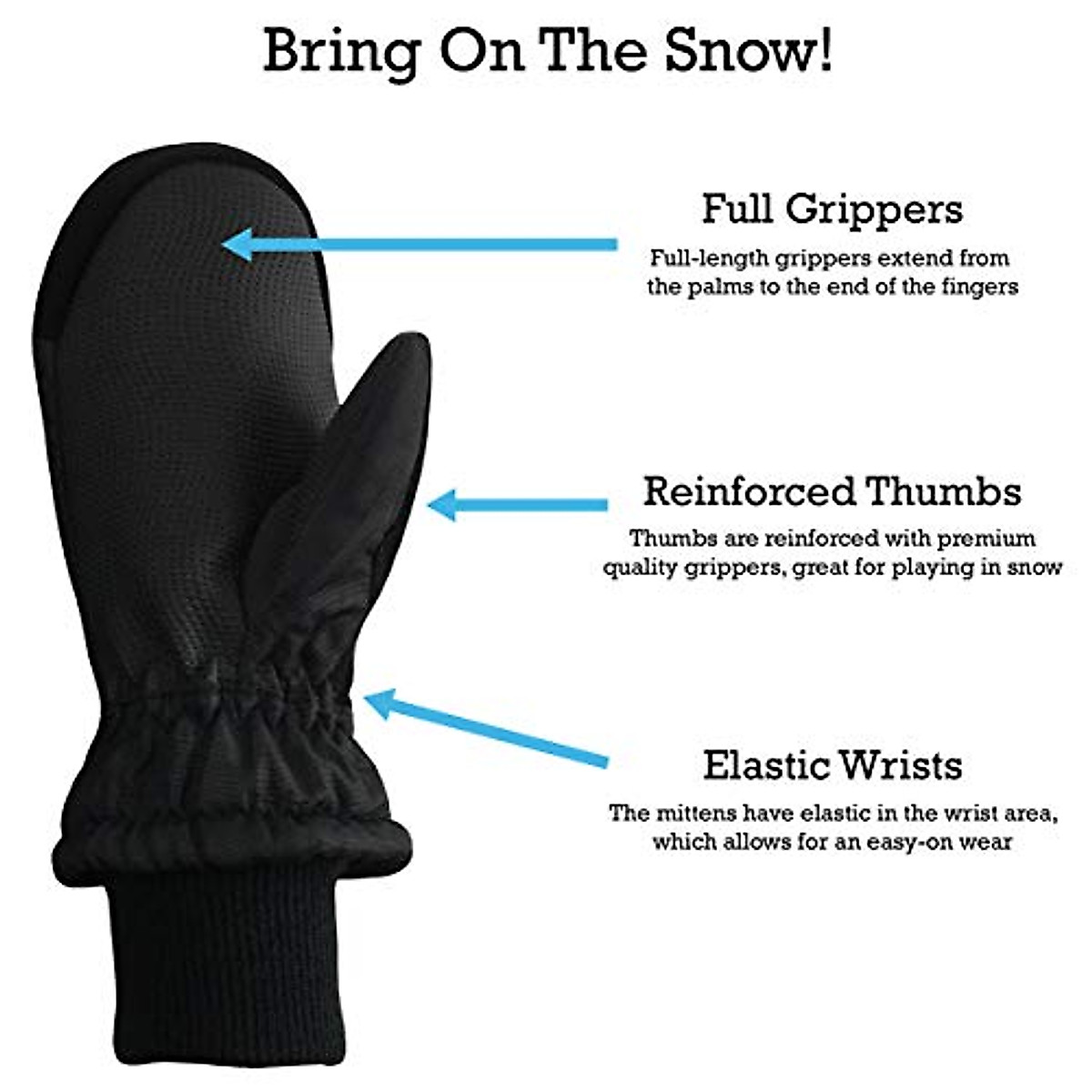 N'Ice Caps Kids Waterproof Snow Mittens Cold Weather Thinsulate Insulated (Black, 6-8 Years)
