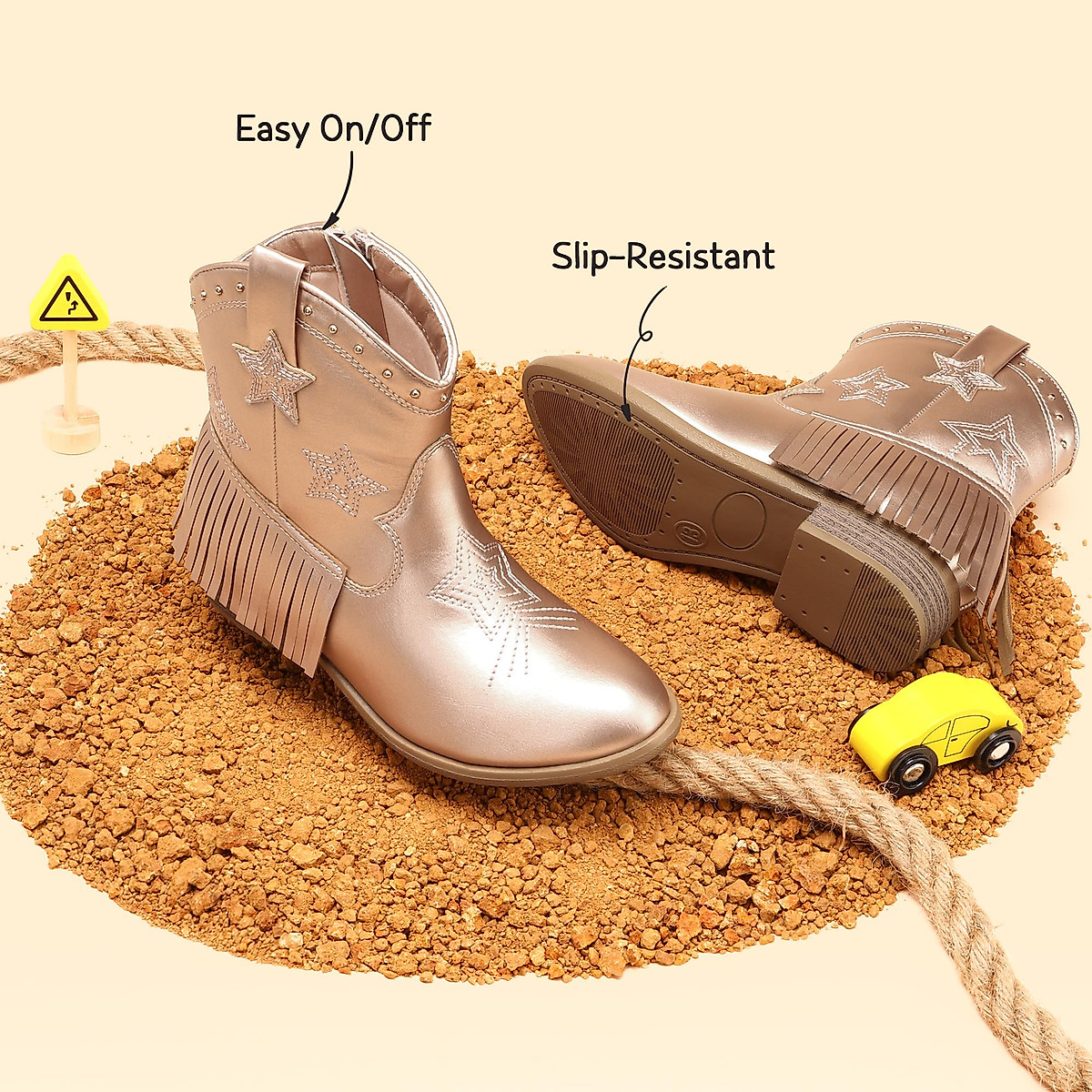 DREAM PAIRS Girls Cowgirl Cowboy Ankle Western Boots Side Zipper Riding Shoes with Tassel,Size 2 Little Kid,Rose Gold,SDBO2302K