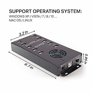 Premium Design USB 2.0 Hub - Multi-Safety Protection 10-Port Powered USB Hub 2.0 with AC Adapter - USB Splitter with Cooling Fan and Mounting Brackets - Aluminum Charging Hub for Multiple Devices