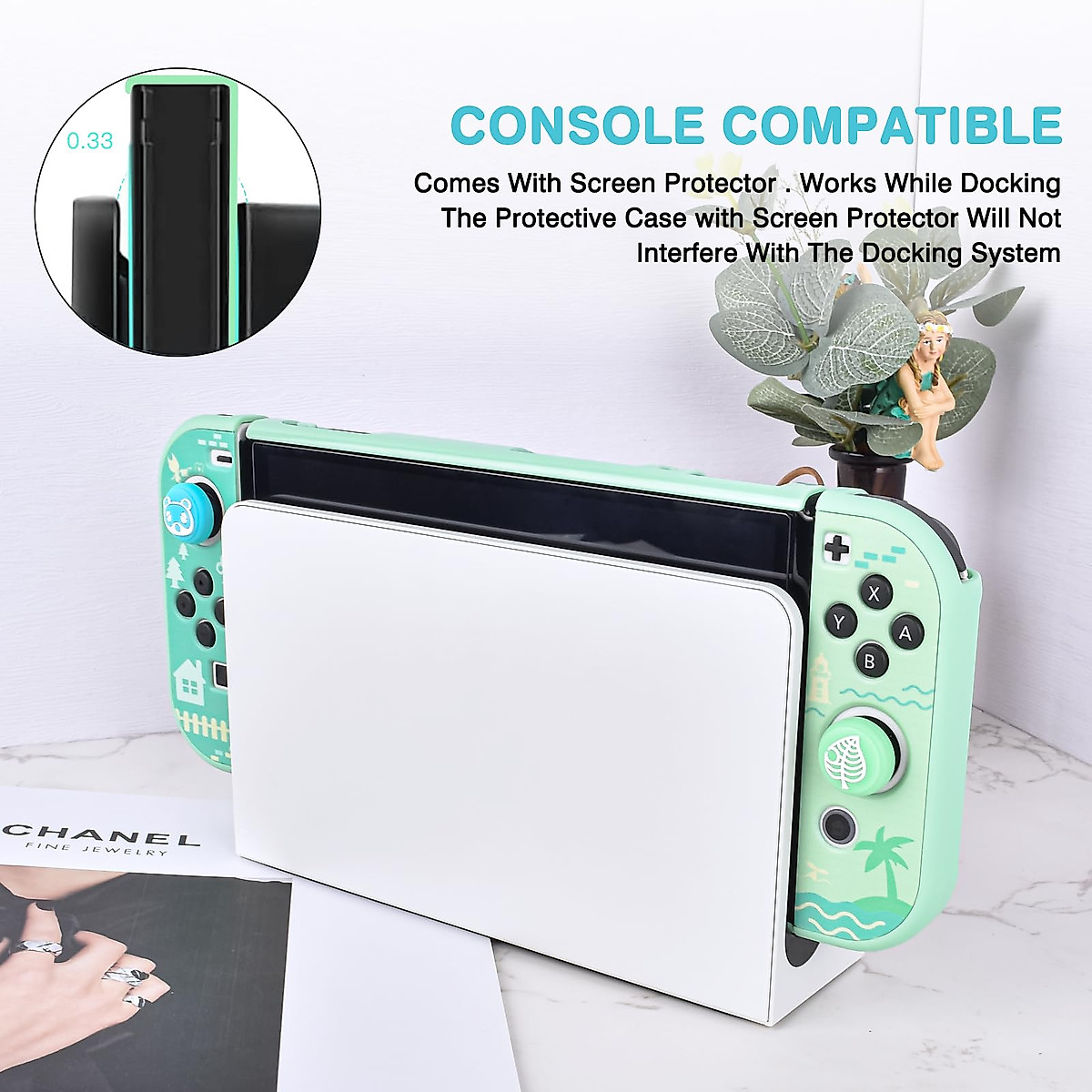 DLseego Animal Crossing Switch OLED Case Protective Cover Dockable Hard Shell Joy Con Skin Accessory With 4PCS Thumb Grips Caps and 2PC Screen Protectors