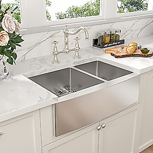 33 Double Farmhouse Sink - Sarlai 33 Inch Kitchen Sink Double Bowl 60/40 Stainless Steel 16 Gauge Round Corner Farm Kitchen Sink