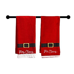 St. Nicholas Square Christmas Towels, Red Bath Hand Towel Set of 2, Mr. & Mrs. Claus with Santa Belt Decorative Design 25 x 16 Inches Bathroom Decorating for The Holidays