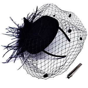 Diwlolido Fascinators Hats Pillbox Hat Cocktail Tea Party Feather Hair Clip Wedding Headwear with Veil for Women and Girls (Feather Black Set)