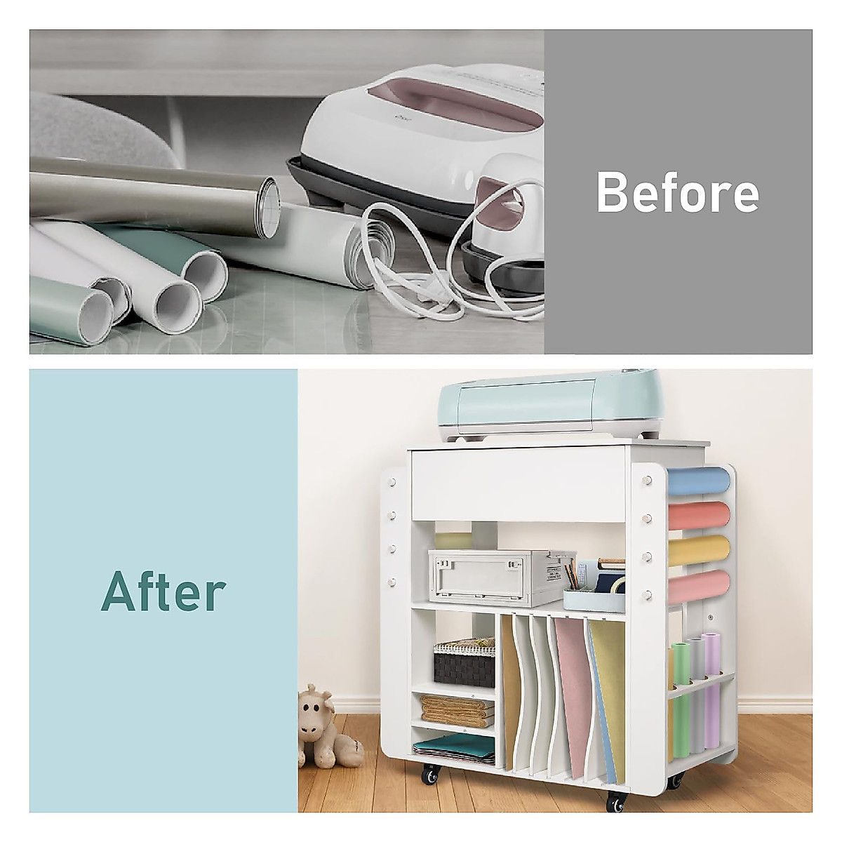 foiry Craft Organization and Storage Cart Crafting Cart Cabinet Workstation with Vinyl Roll Holder Compatible with Cricut Machine, Craft Organizer for Craft Room Home 24.3''x14.2''x29.8''