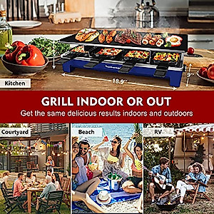 Raclette Grill, Techwood Electric Table Indoor Grill Korean BBQ Grill, Removable 2-in-1 Non-Stick Grill Plate, 1500W Fast Heating with 8 Cheese Melt Pans, Ideal for Parties and Family Fun (Blue)