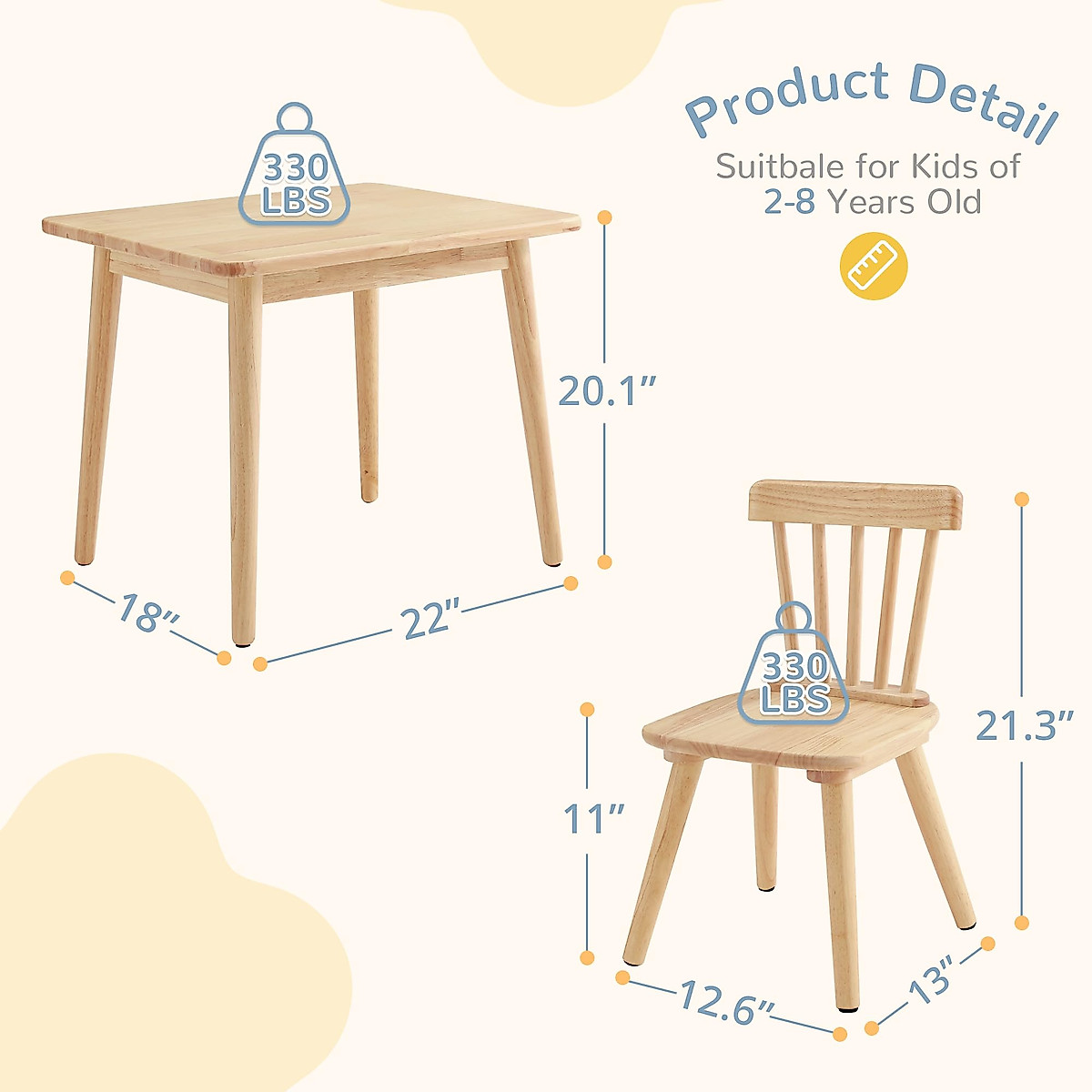 Curipeer Windsor Kids Table and 2 Chair Set, Rubberwood Toddler Table and Chair Set for Art, Play, Craft, Activity, Children Table with Non-Slip Legs/Round Edge Design, Natural Wood