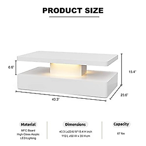 IKIFLY Modern High Glossy White Coffee Table with 16 Colors LED Lights, Contemporary Rectangle Design Living Room Furniture, 2 Tiers