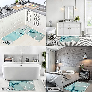Aqua Teal Kitchen Rugs and Mats Set of 2, Non-Skid Soft Absorbent Marble Kitchen Mats Set for Floor, Farmhouse Comfort Runner Rug Carpets for Sink, Laundry, Hallway, Dinning Room, Office