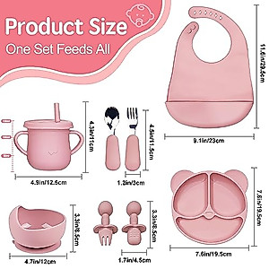 Silicone Baby Feeding Set 10 Pack, Baby Led Weaning Supplies with Suction Bowl Divided Plate, Toddler Self Feeding Dish Set with Bib and Plate, Spoon and Fork, Nipple and Teether, Sippy Cup and Lid