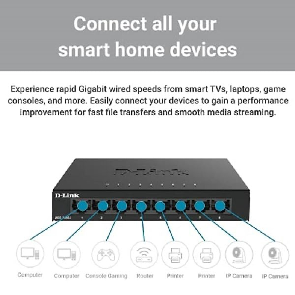 D-Link Ethernet Switch, 8 Port Gigabit Unmanaged Desktop Plug and Play Sturdy Metal Housing Fanless Design EEE Brown Box (DGS-108GL)