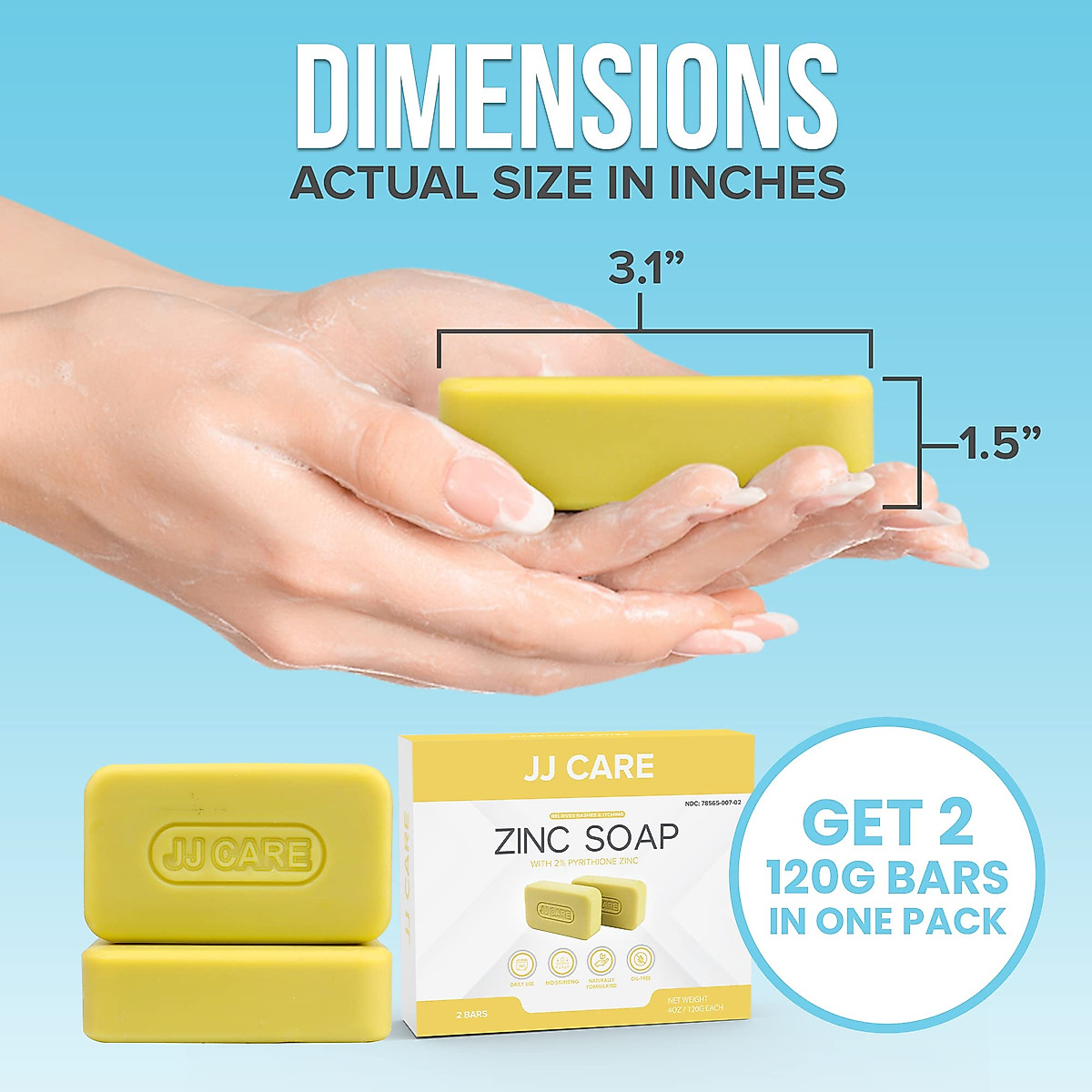 JJ CARE Zinc Soap - Pack of 2 Medicated 2% Zinc Pyrithione Soap For Daily Use, Individually wrapped 4 oz. Zinc Bar Soap with Aloe Vera for Dandruff & Seborrheic Dermatitis