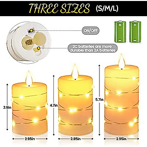 Won't Melt Flameless Candles,with Starry String Lights, Waterproof，Outdoor Indoor Battery Operated LED Candles with Remote Timers, Moving Flame, Ivory Paraffin Plating Plastic, Set of 3
