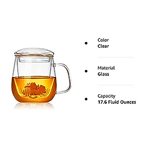 DOPUDO PAVILION Glass Tea Cup with Infuser and Lid, 17.6oz/ 520ml Borosilicate Glass Large Tea Mug with Infuser, Clear Teacup for Loose Leaf Tea, Blooming Tea, Tea Bag