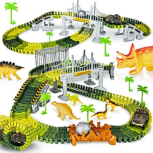 Batlofty Dinosaur Toys Race Track, Flexible Track Playset, Create A Dinosaur World Road Race with 1 Dinosaur Car and 6 Dinosaur Toys for 3 4 5 6 7 Year Old Boys Girls Birthday Gifts