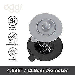 OGGI Silicone Sink Strainer & Stopper Set- Great Kitchen Sink Strainer, Silicone Drain Stopper, Sink Drain Strainer, Sink Plug 4.6˝ Diameter Rim, Black