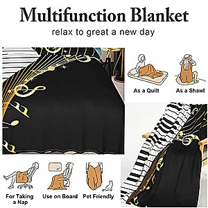 Piano Keys Blanket for Bed Couch Sofa,Black and White Piano Keys and Golden Music Notes Throw Blanket,Soft Cozy Plush Warm Fuzzy Musical Instrument Blanket,Music Gift for Music Lover 60"X50"