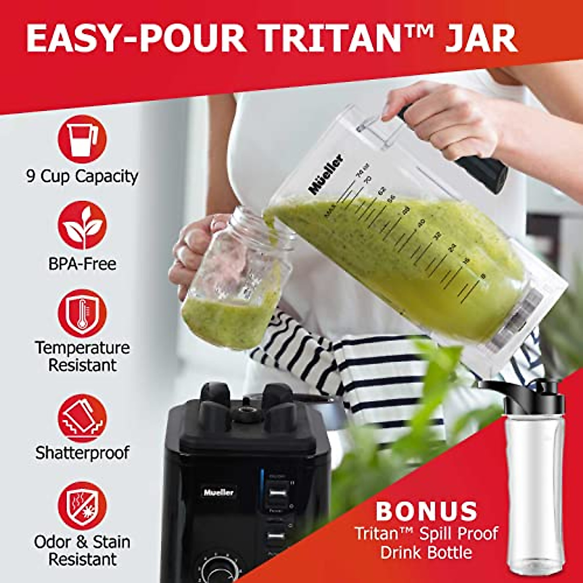 Mueller DuraBlend, 10-Speed 3.0hp Professional Series Blender - Pulse Mode and Ice Crushing Powerful Motor, Smoothie Blender, 74 Oz, 6 Stainless Steel Blades, Blend, Chop, Grind, with Smoothie Bottle