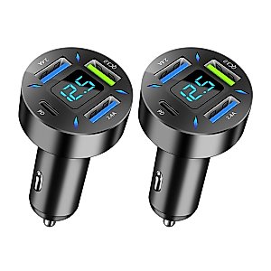Moioee 4 Ports USB Car Charger, 66W Super Fast Charging USB QC 3.0, USB Adapter Charger with LED Voltmeter for Car Cigarette Lighter Plug, Compatible with Most Cell Phone (1, PD+QC3.0+2.4A)