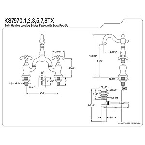 Kingston Brass KS7973TX French Country Bridge Bathroom Faucet with Brass Pop-Up, Antique Brass